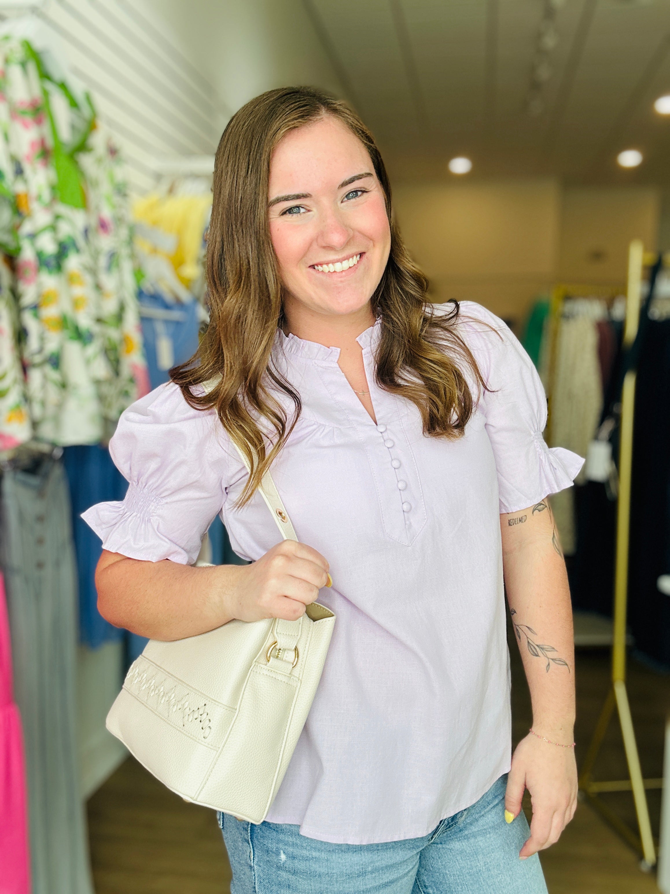 Short Sleeve Smocked Top - Lilac – Nolan James Boutique