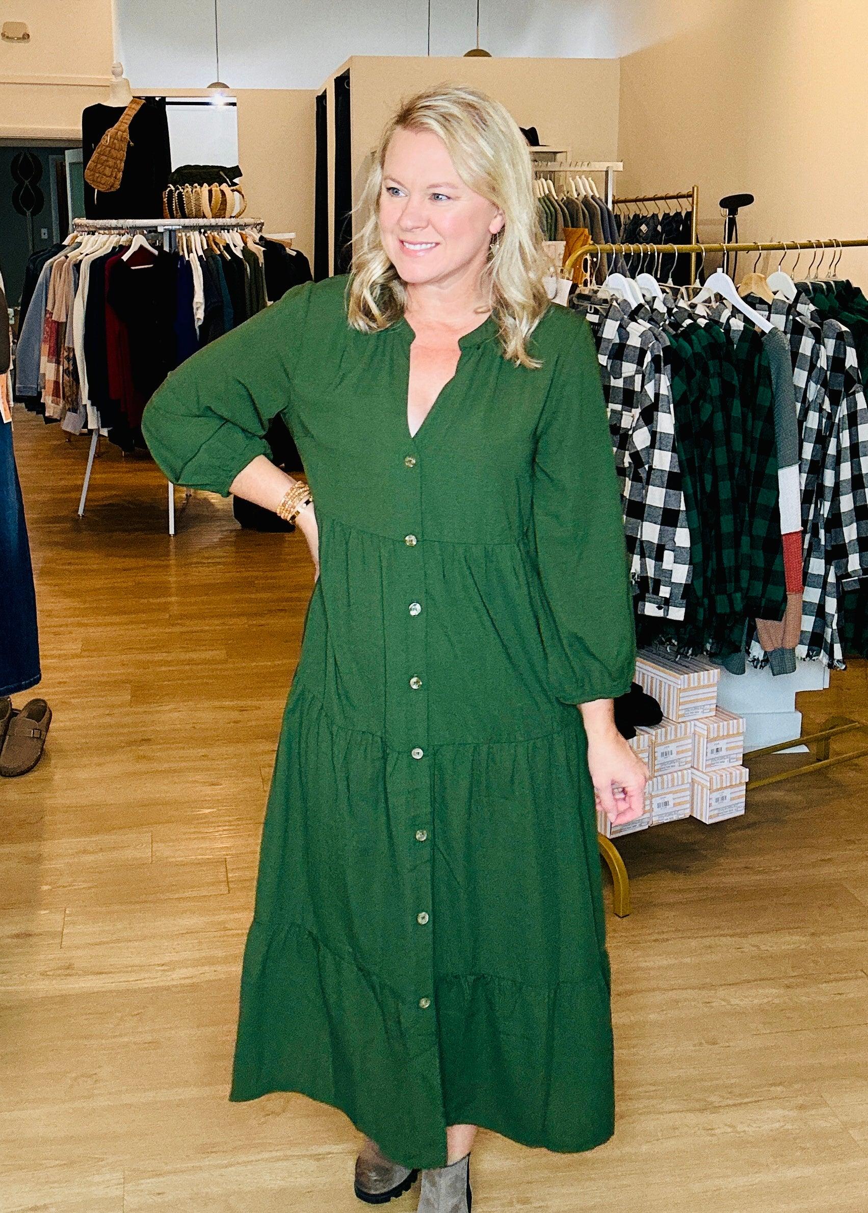 Tiered Button Down Dress - Dark Olive – Nolan James Boutique